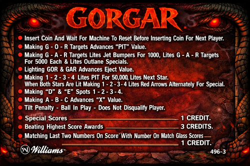 Gorgar (Williams 1979) Rule Card - Instruction Cards - Virtual Pinball ...